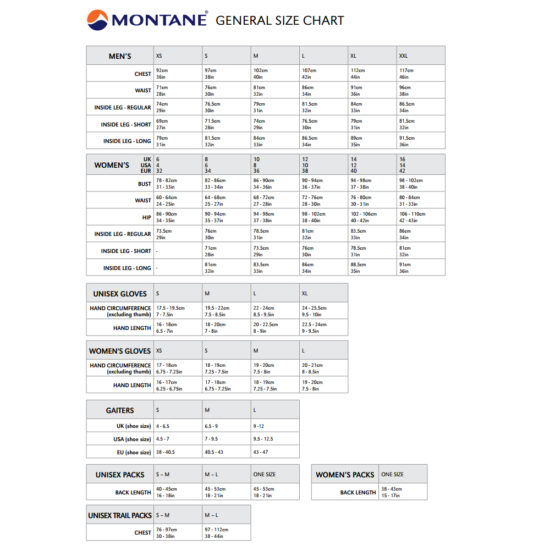 Montane Size Chart - Coastal Sports