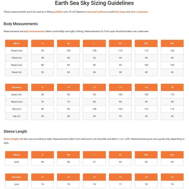 Earth Sea Sky Size Guide - Coastal Sports
